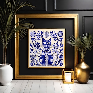 Whimsical Blue Cat Art Print, Floral Folk Wall Art, Square Wall Decor ...