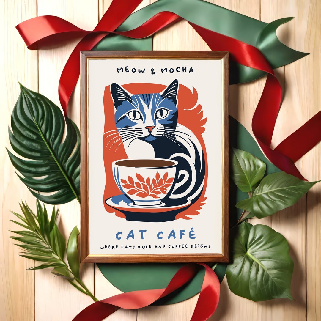 Cat Cafe Poster, Charming Feline Illustration for Coffee Shop Decor ...