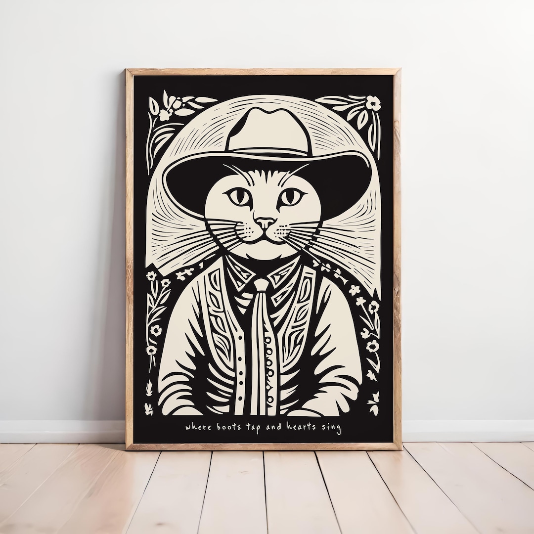 Western Cat Art Print, Cowboy Cat Poster, Rustic Folk Art Style ...