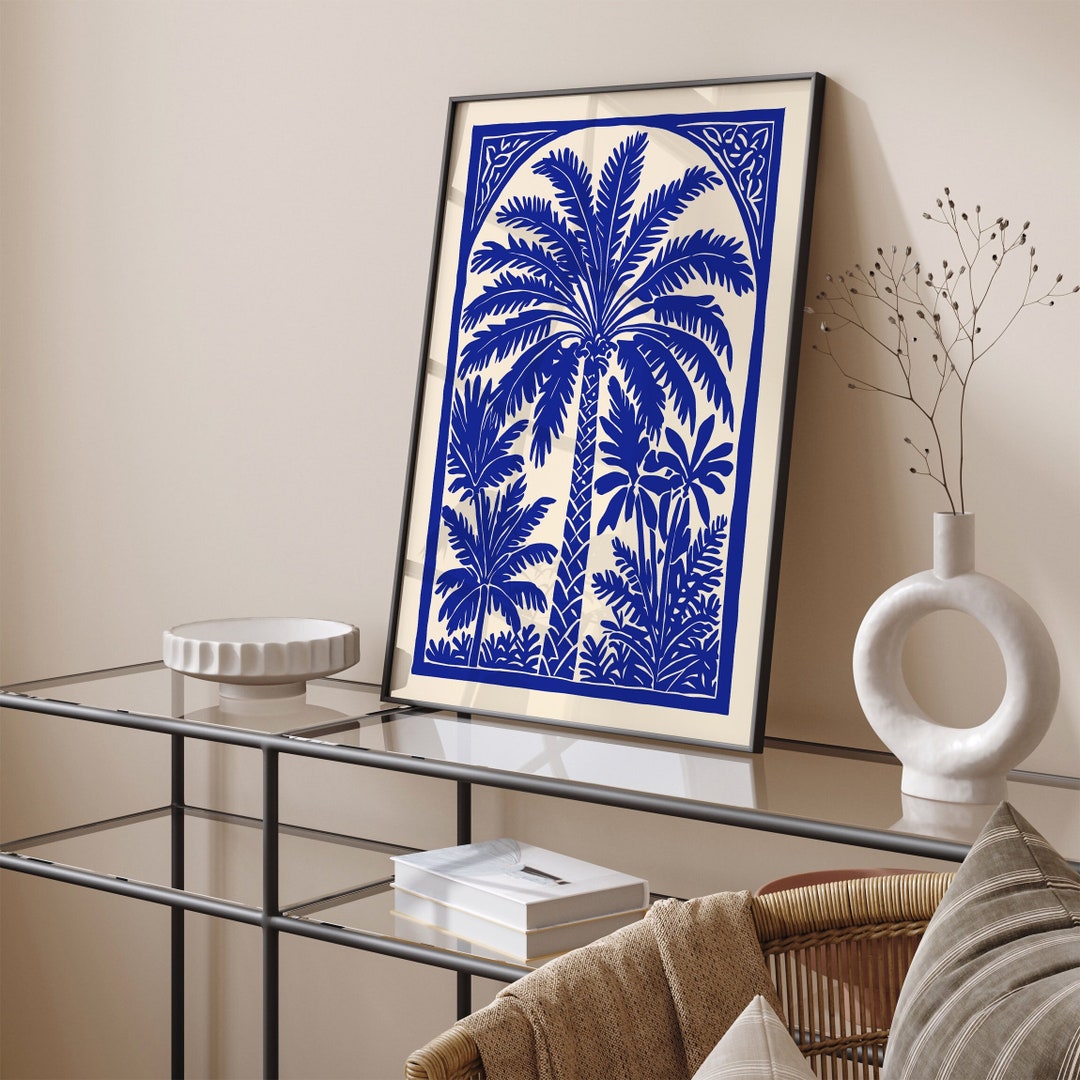 Indigo Palm Tree Linocut Print: Retro Coastal Wall Art - Etsy