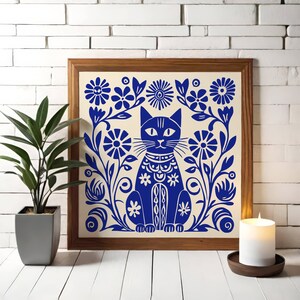 Whimsical Blue Cat Art Print, Floral Folk Wall Art, Square Wall Decor ...