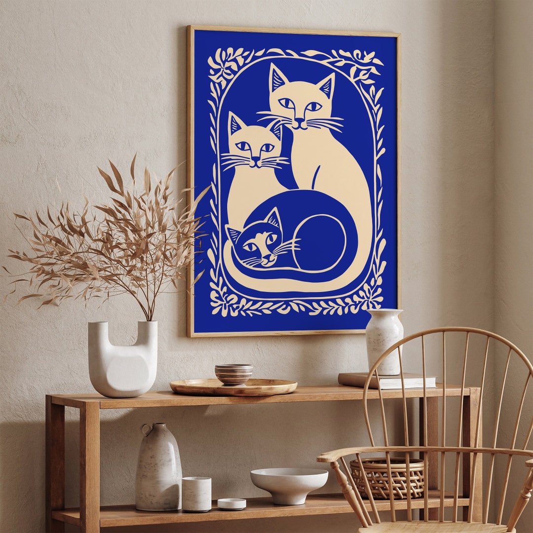 Retro Cat Trio Poster - Blue and Beige Minimalist Feline Artwork ...