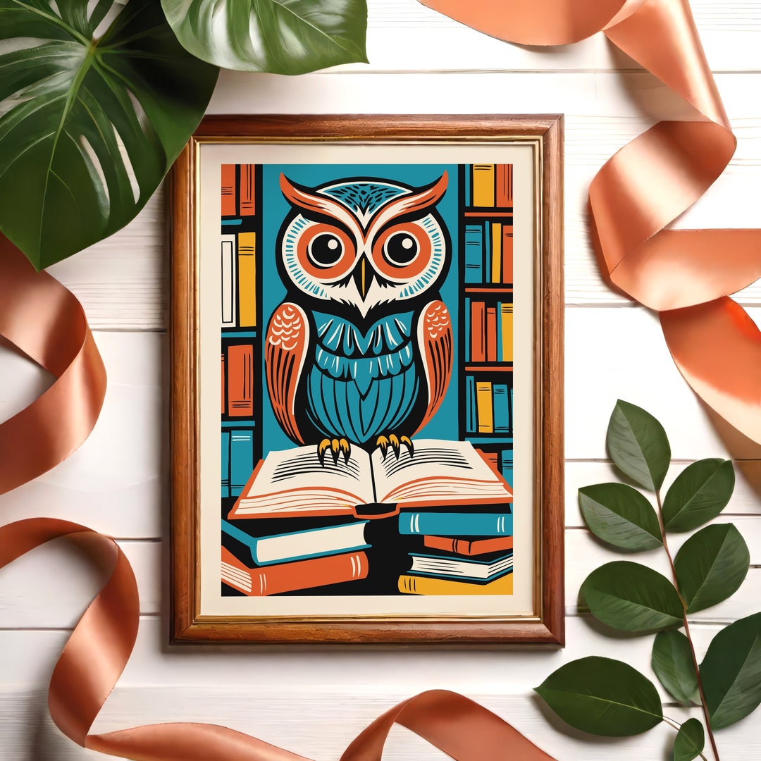 Cute Vintage Owl and Books Poster, Colorful Library Wall Art ...