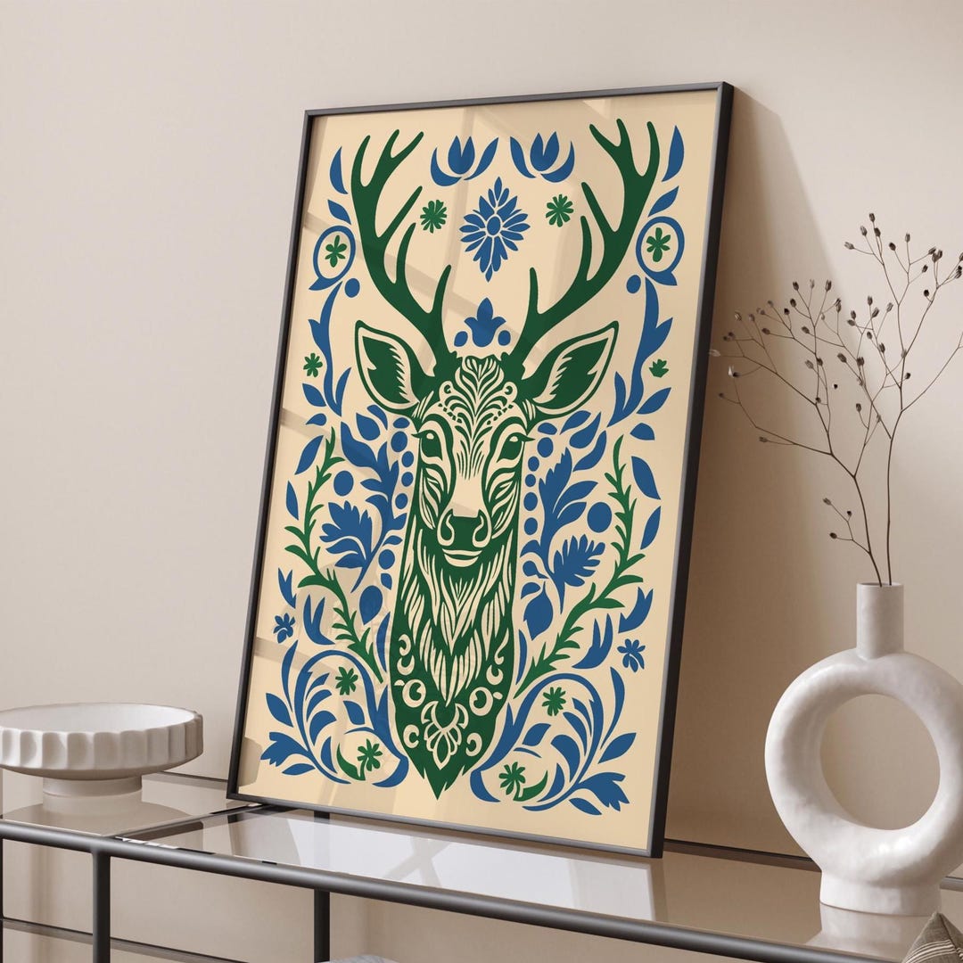 Rustic Deer Print: Nordic Folk Art, Farmhouse Wall Decor - Etsy