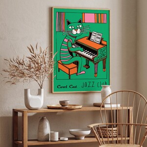 Cool Cat Jazz Club Poster, Green Music Poster, Music Print, Colorful ...