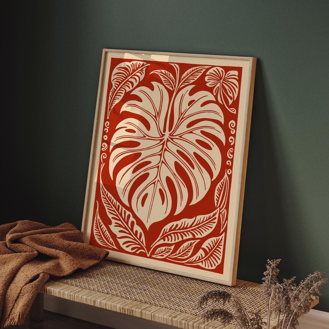 Red Big Monstera Leaf Poster, Linocut Style Botanical Wall Art, Boho ...