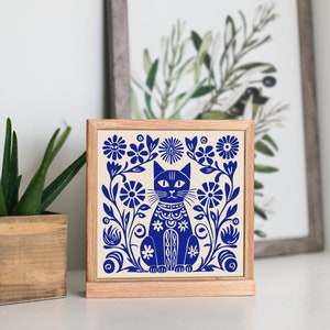 Whimsical Blue Cat Art Print, Floral Folk Wall Art, Square Wall Decor ...