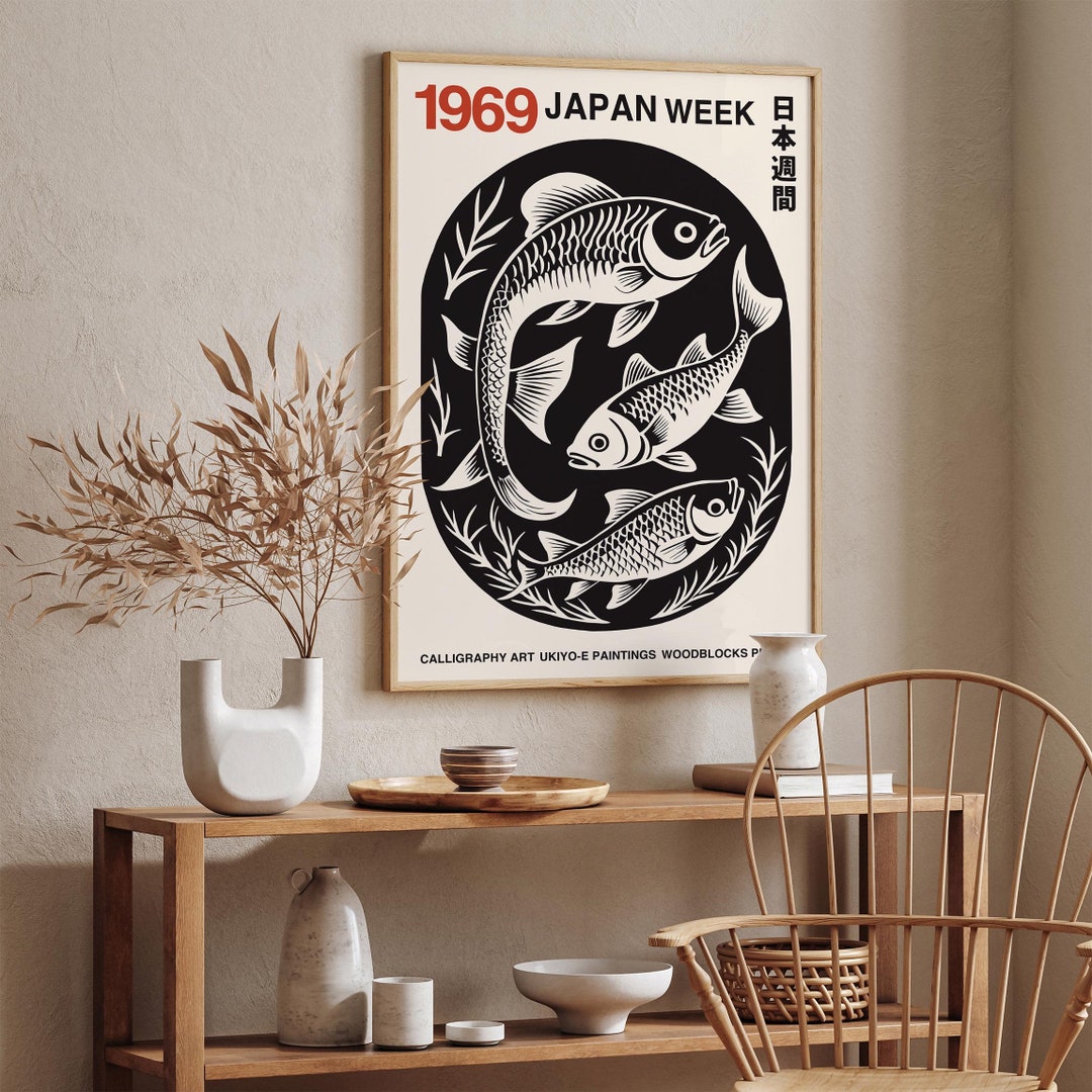 Vintage 1969 Japan Week Poster - Traditional Ukiyo-e Fish Woodblock ...