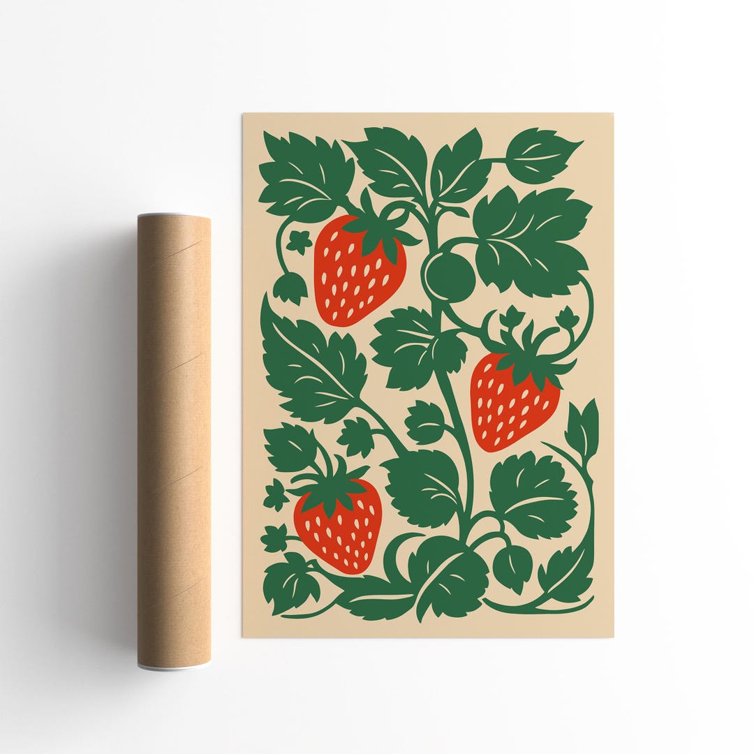 Botanical Strawberry Poster - Retro Kitchen Decor - Bold Red and Green ...