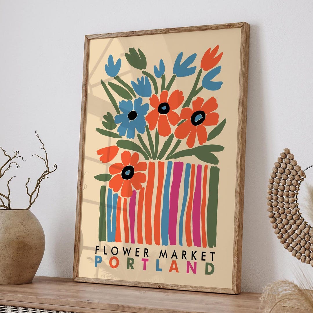 Colorful Portland Flower Market Poster | Mid-century Modern Botanical ...