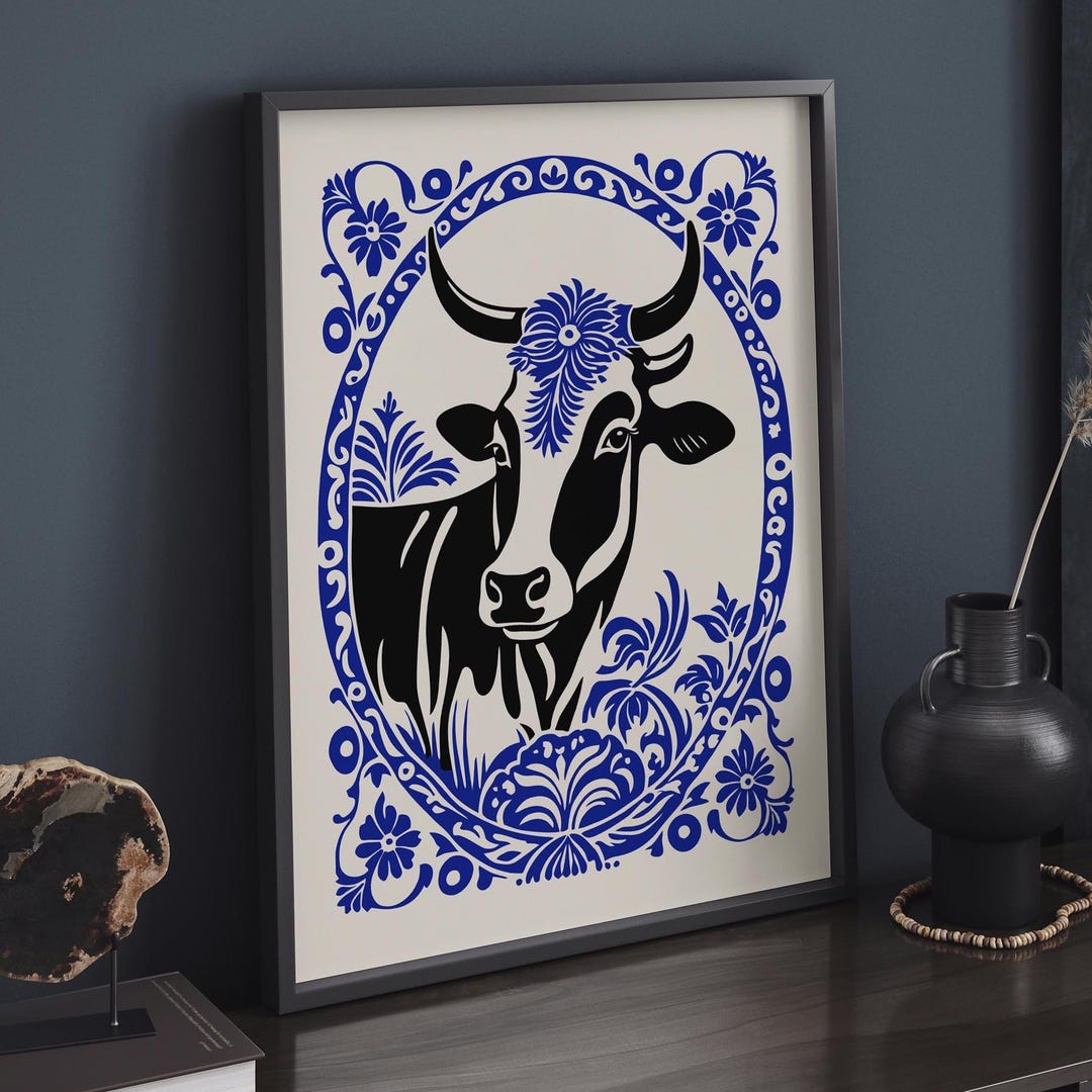 Blue Rococo Cow Portrait Wall Art, Elegant Farm Animal Poster, French ...