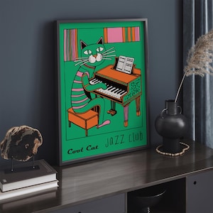 Cool Cat Jazz Club Poster, Green Music Poster, Music Print, Colorful ...