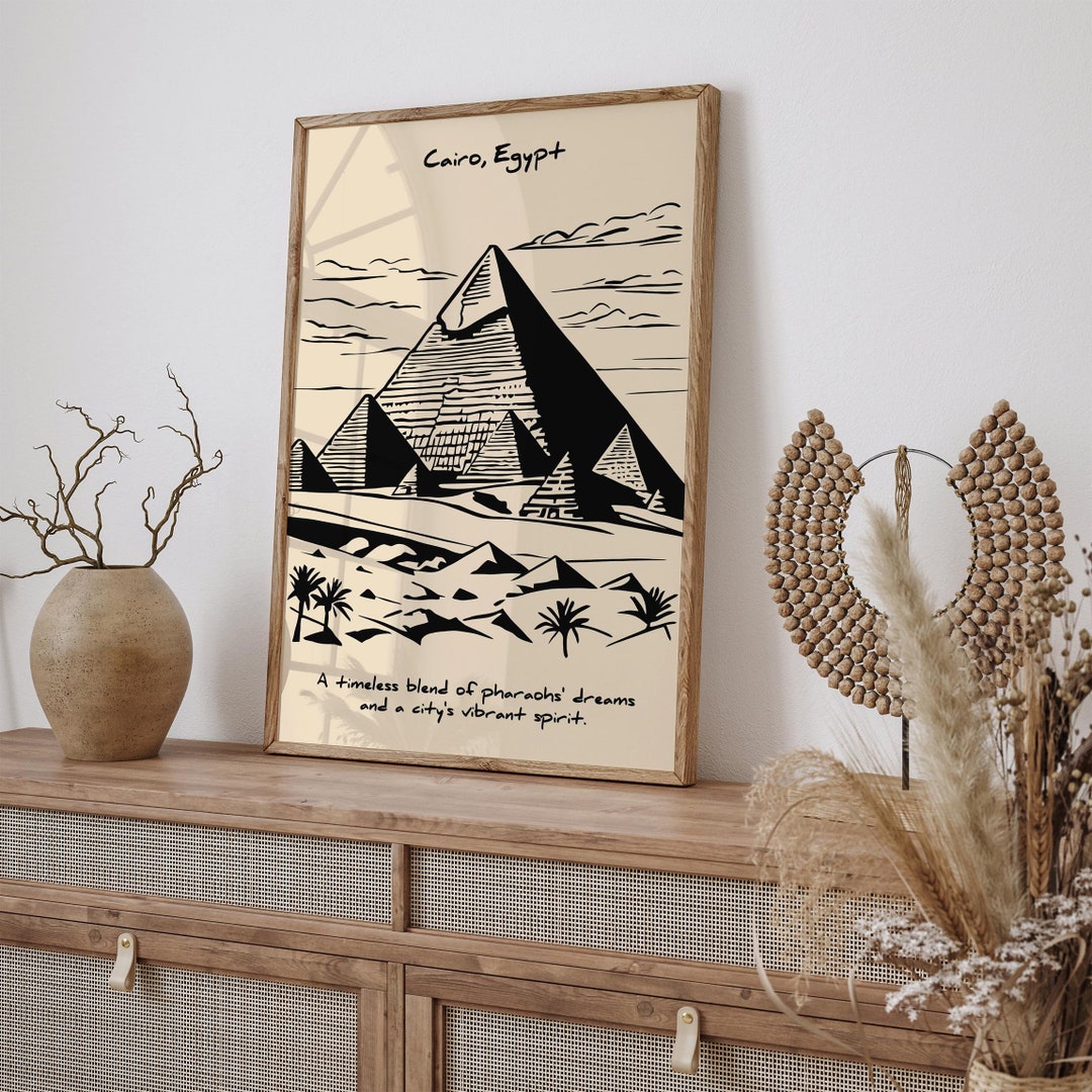 Cairo Egypt Pyramid Art Print, Black Ink Line Drawing Style, Travel ...