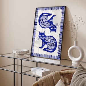 Vintage Cats in Linocut Style, Blue and White Cat Art Poster, Modern ...