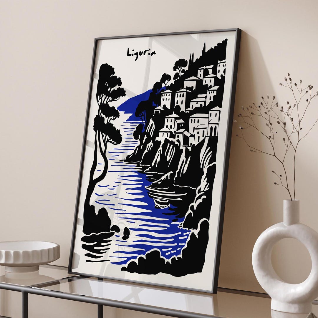 Liguria Coastal Poster, Italian Riviera Art Print, Bold Black & Blue ...