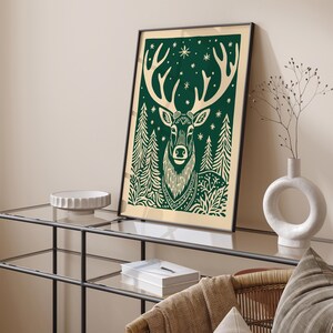 Green Reindeer Linocut Christmas Poster, Retro Woodland Holiday Art ...