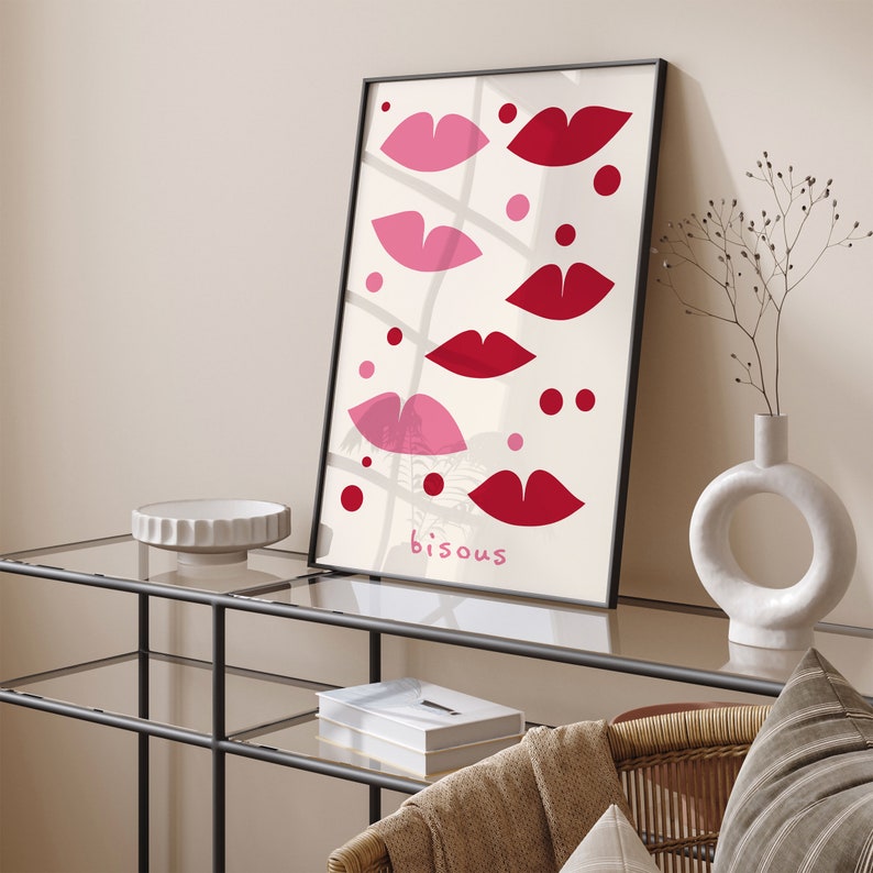 Modern Minimalist Bisous Kiss Lips Art Print Abstract French Wall Decor Trendy Kiss Artwork ...