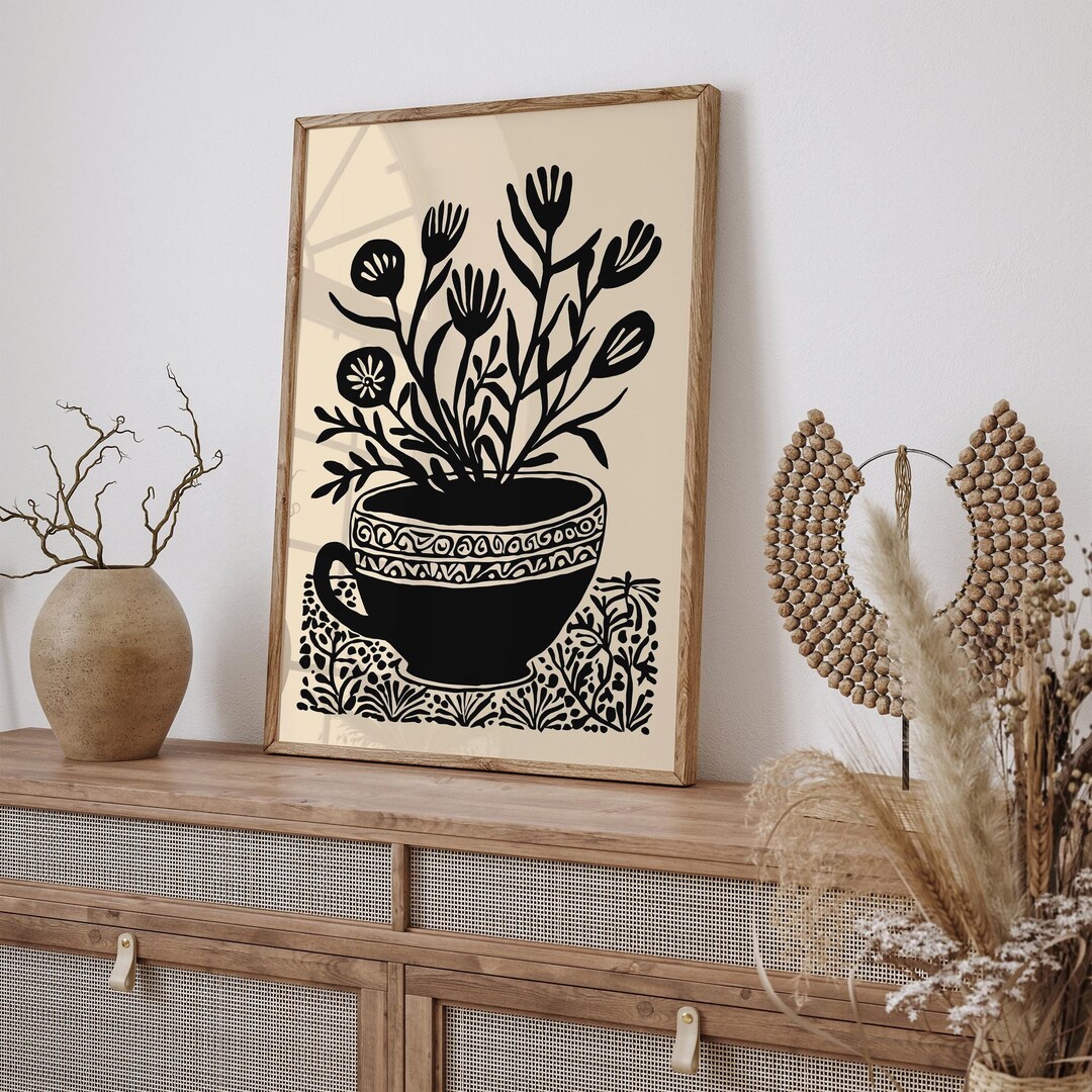Black Ink Flowers Retro Art Print - Vintage Botanical Wall Art ...