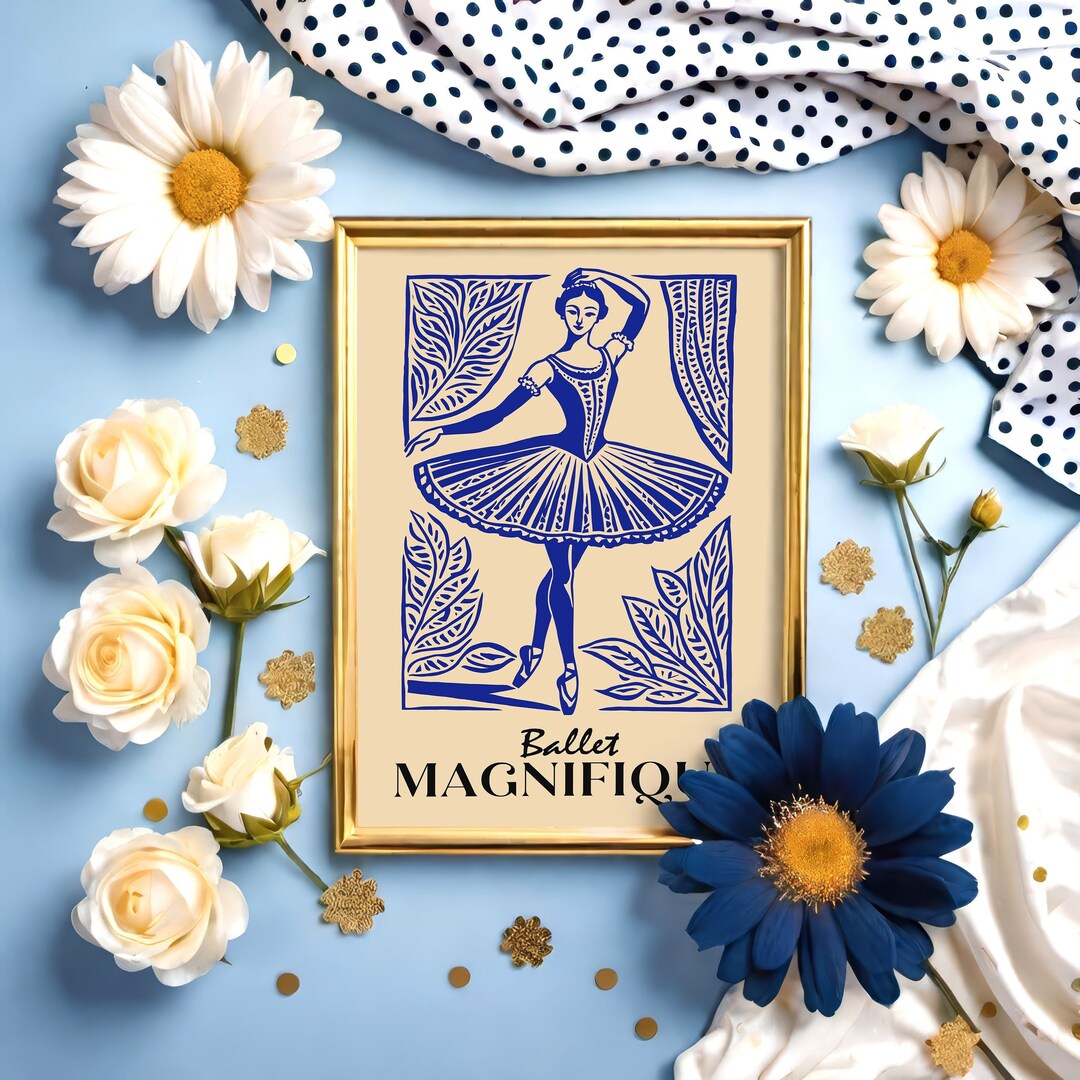 Linocut Style Ballerina Wall Art, Indigo Blue Color, Elegant Ballet Art ...