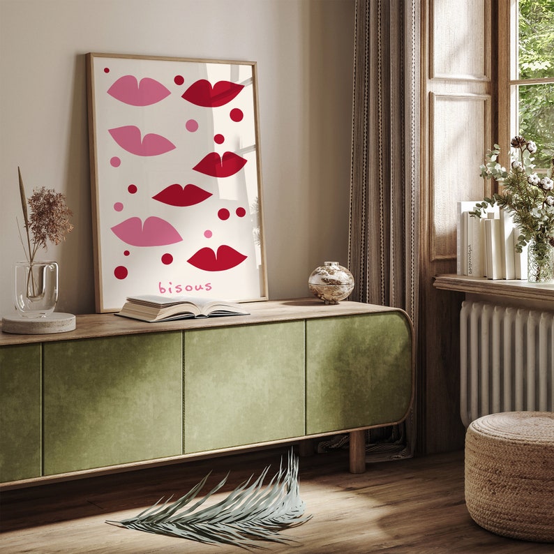 Modern Minimalist Bisous Kiss Lips Art Print Abstract French Wall Decor Trendy Kiss Artwork ...