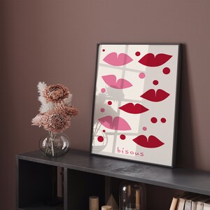 Modern Minimalist Bisous Kiss Lips Art Print Abstract French Wall Decor Trendy Kiss Artwork ...
