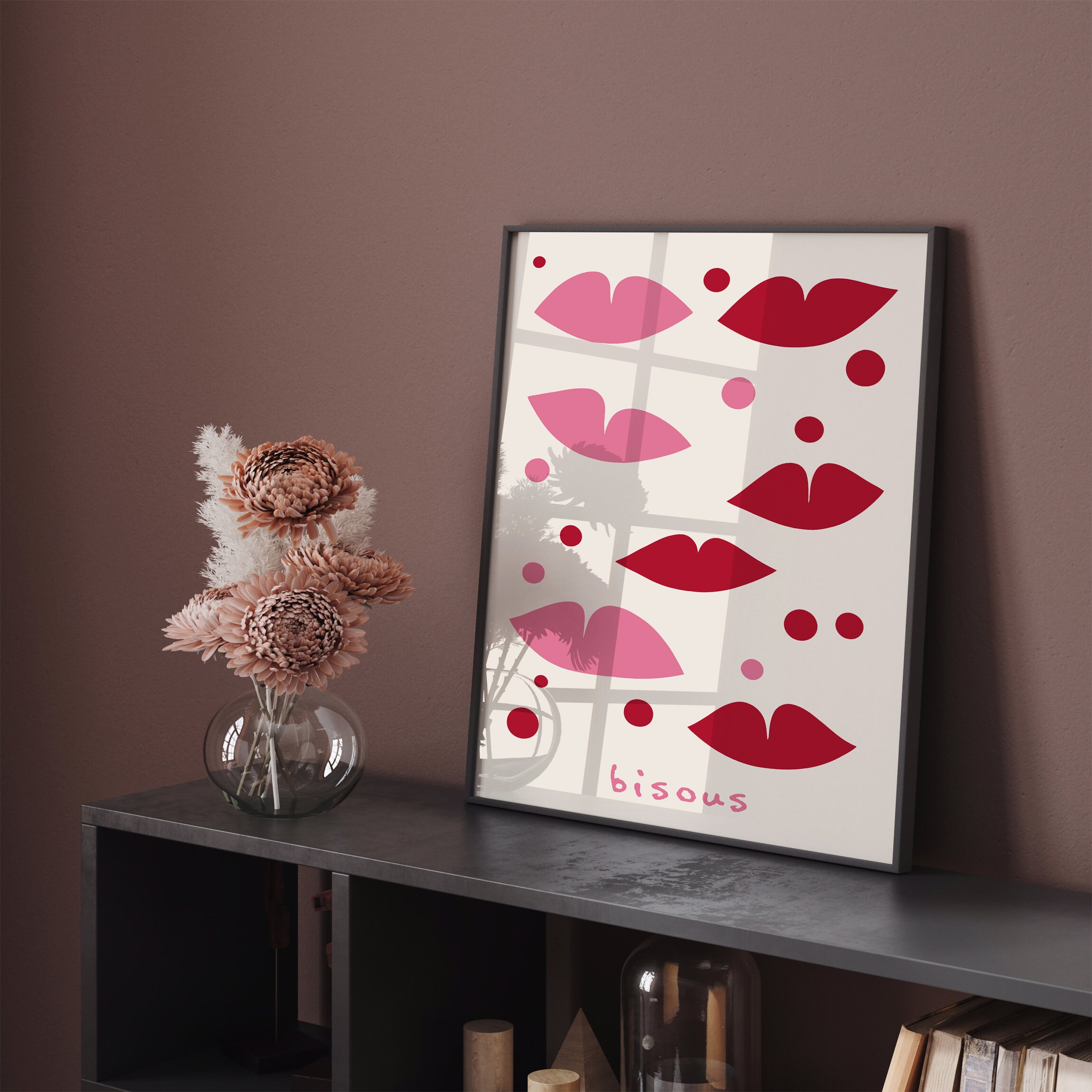 Modern Minimalist Bisous Kiss Lips Art Print Abstract French Wall Decor ...