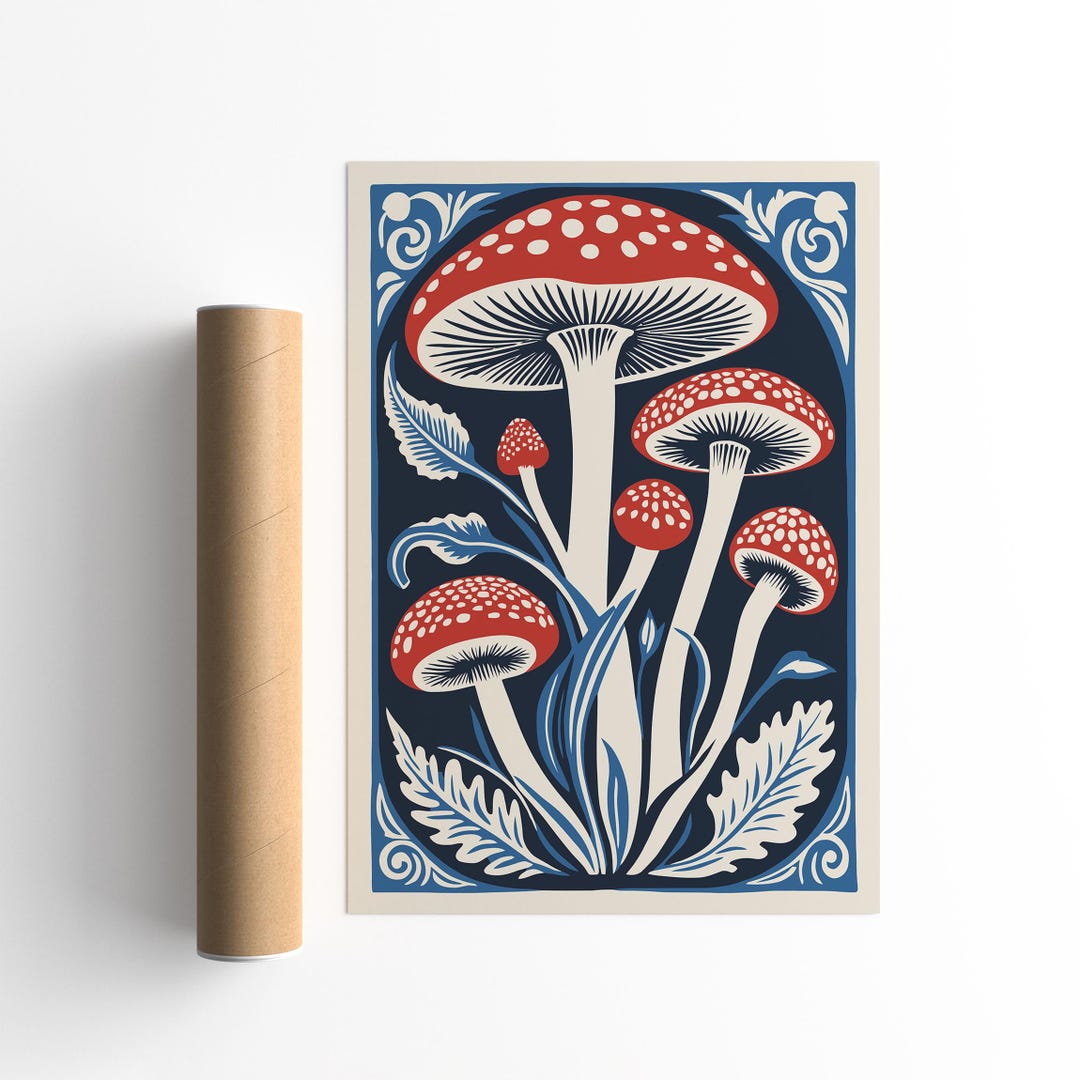 Botanical Mushroom Art Print - Retro Red and Blue Amanita Muscaria ...
