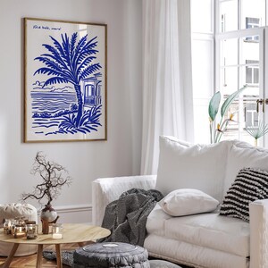 Blue & White Scenic Travel Poster - Tropical Palm Tree Print, Coastal ...