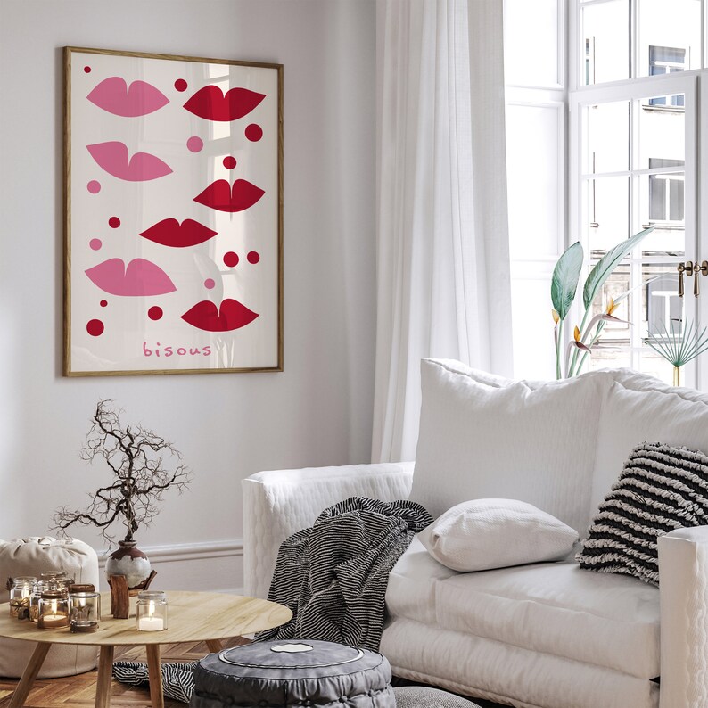 Modern Minimalist Bisous Kiss Lips Art Print Abstract French Wall Decor Trendy Kiss Artwork ...