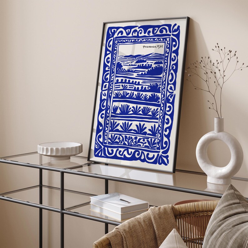 Provence Landscape Poster, Rustic French Countryside Wall Art , Indigo ...