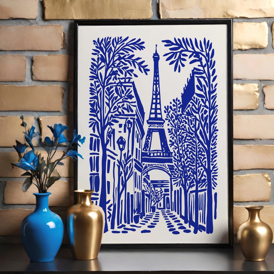 Paris Eiffel Tower Silhouette Art Poster, Blue France Landscape Wall ...