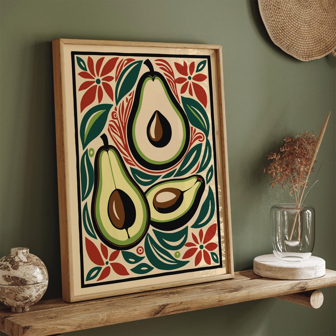 Avocado Art Print: Vintage Botanical Kitchen Decor, Boho Folk Art ...