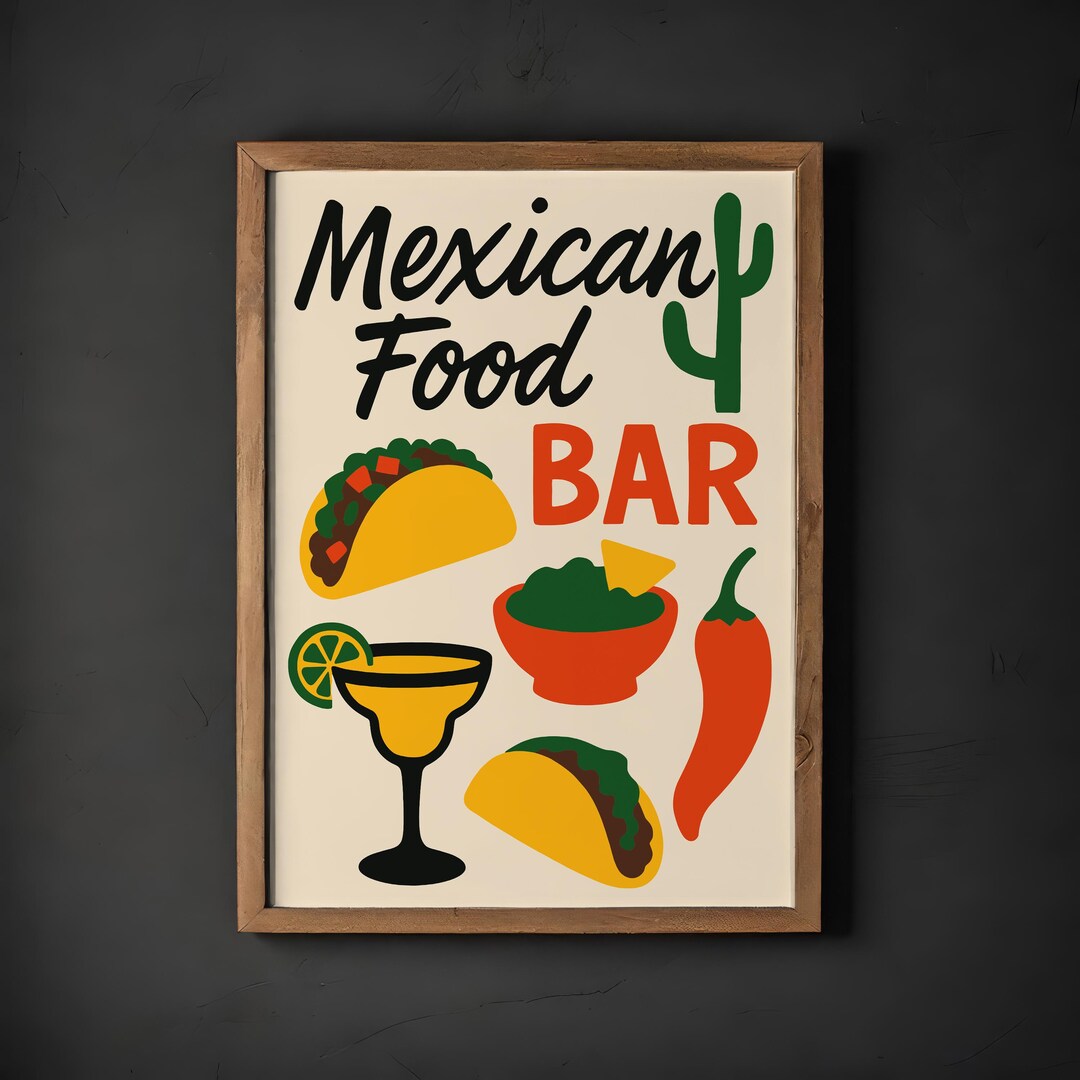 Vibrant Mexican Food Bar Poster, Colorful Taco, Margarita, Guacamole ...