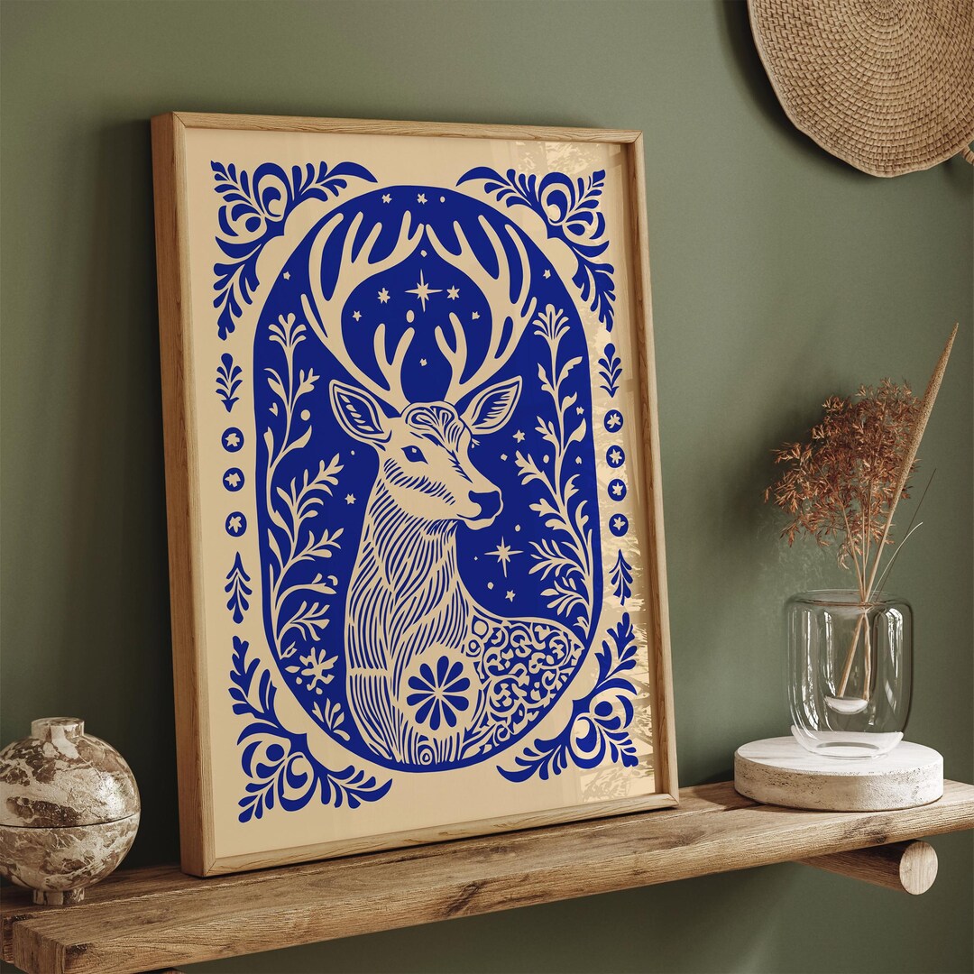 Blue Scandinavian Folk Art Deer Poster, Woodland Reindeer Print, Nordic ...