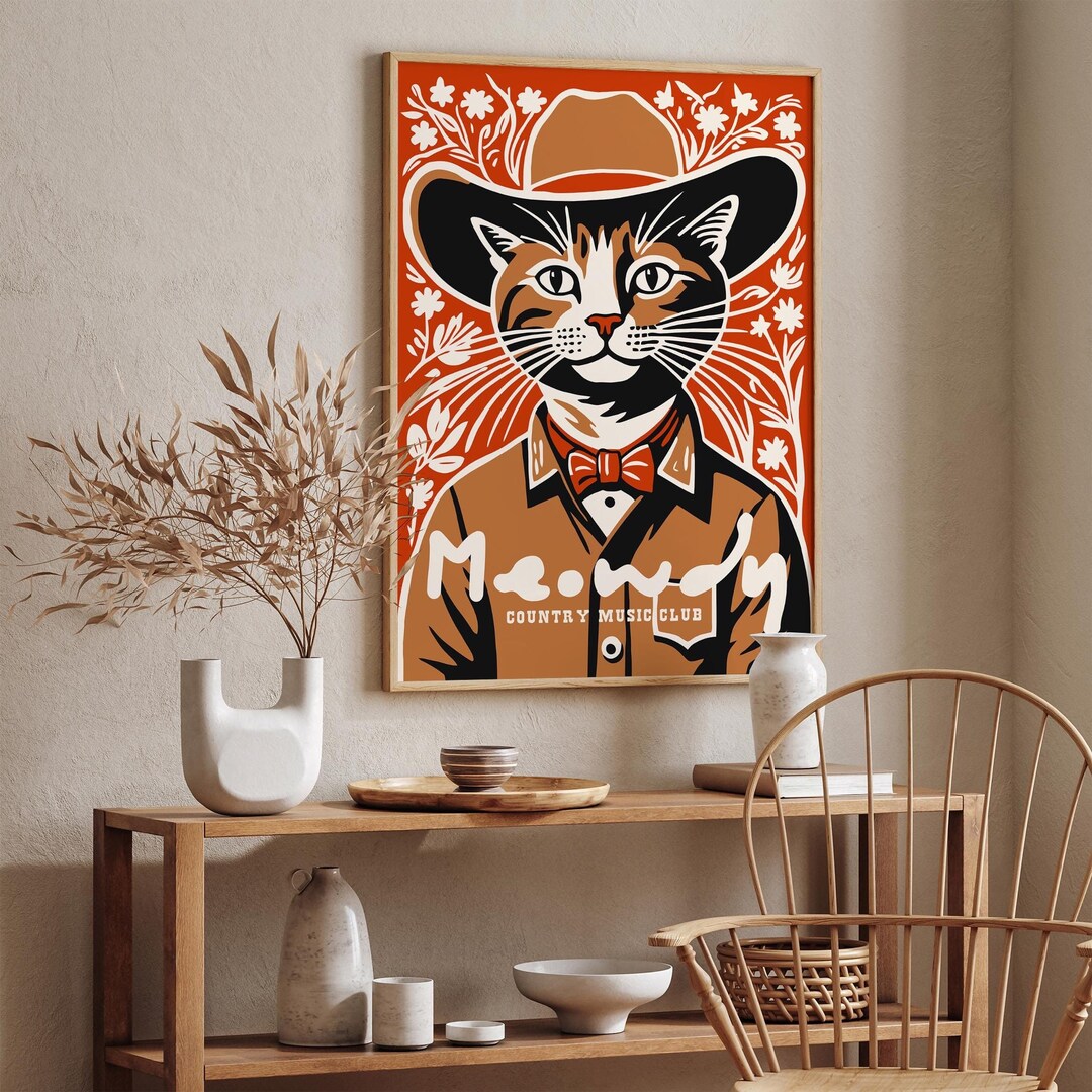 Country Cat Cowboy Poster, Meowdy Country Music Club Art Print, Rustic ...