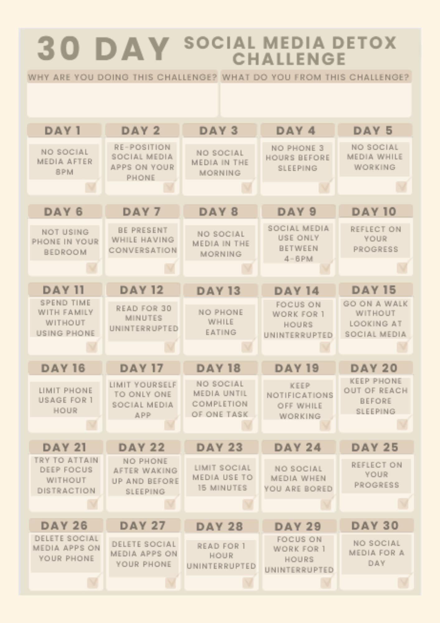 30 Day Social Media Detox Challenge | Social Media Printable | Digital ...