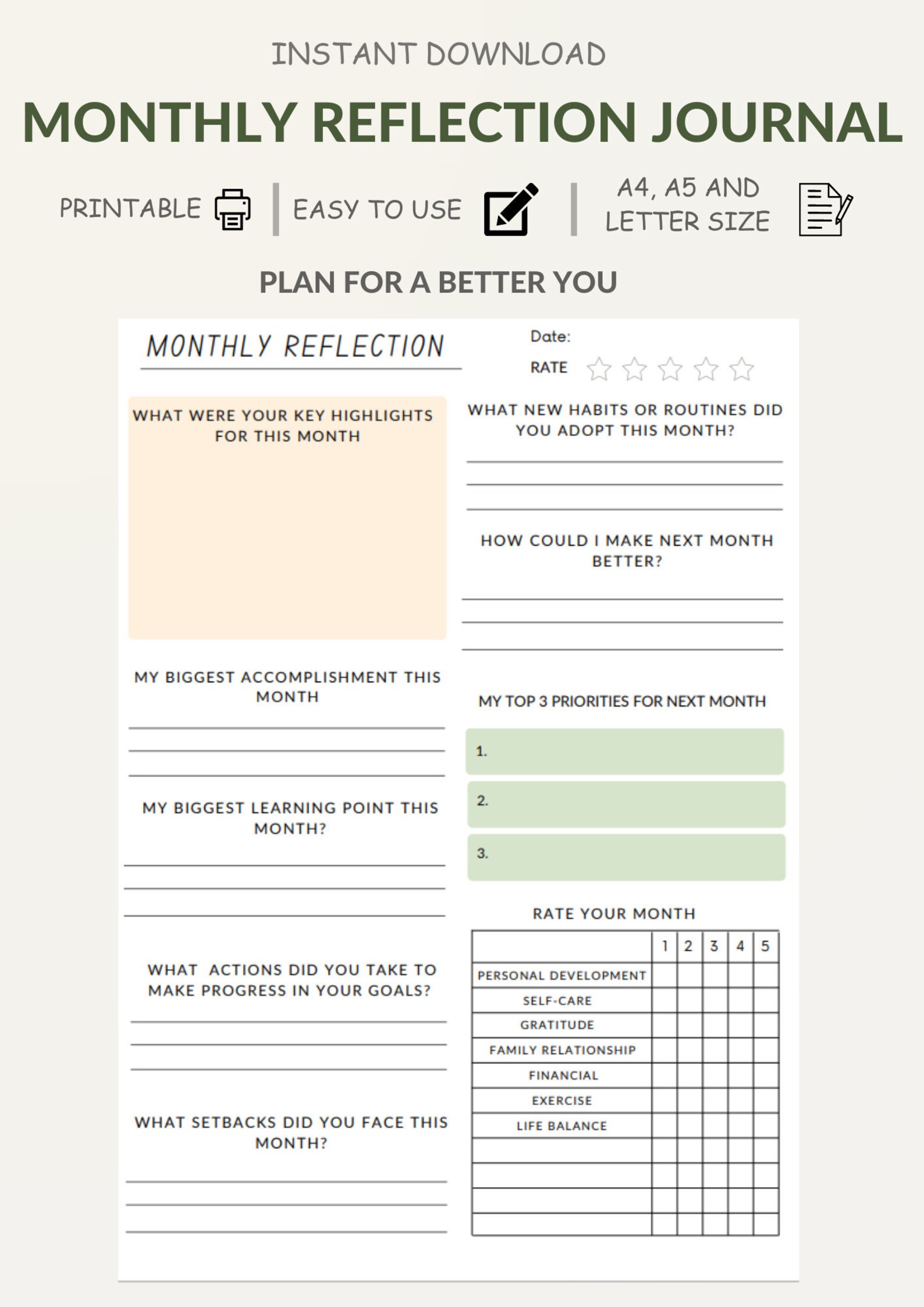 Monthly Reflections Review , Monthly Reflection Journal, Monthly ...
