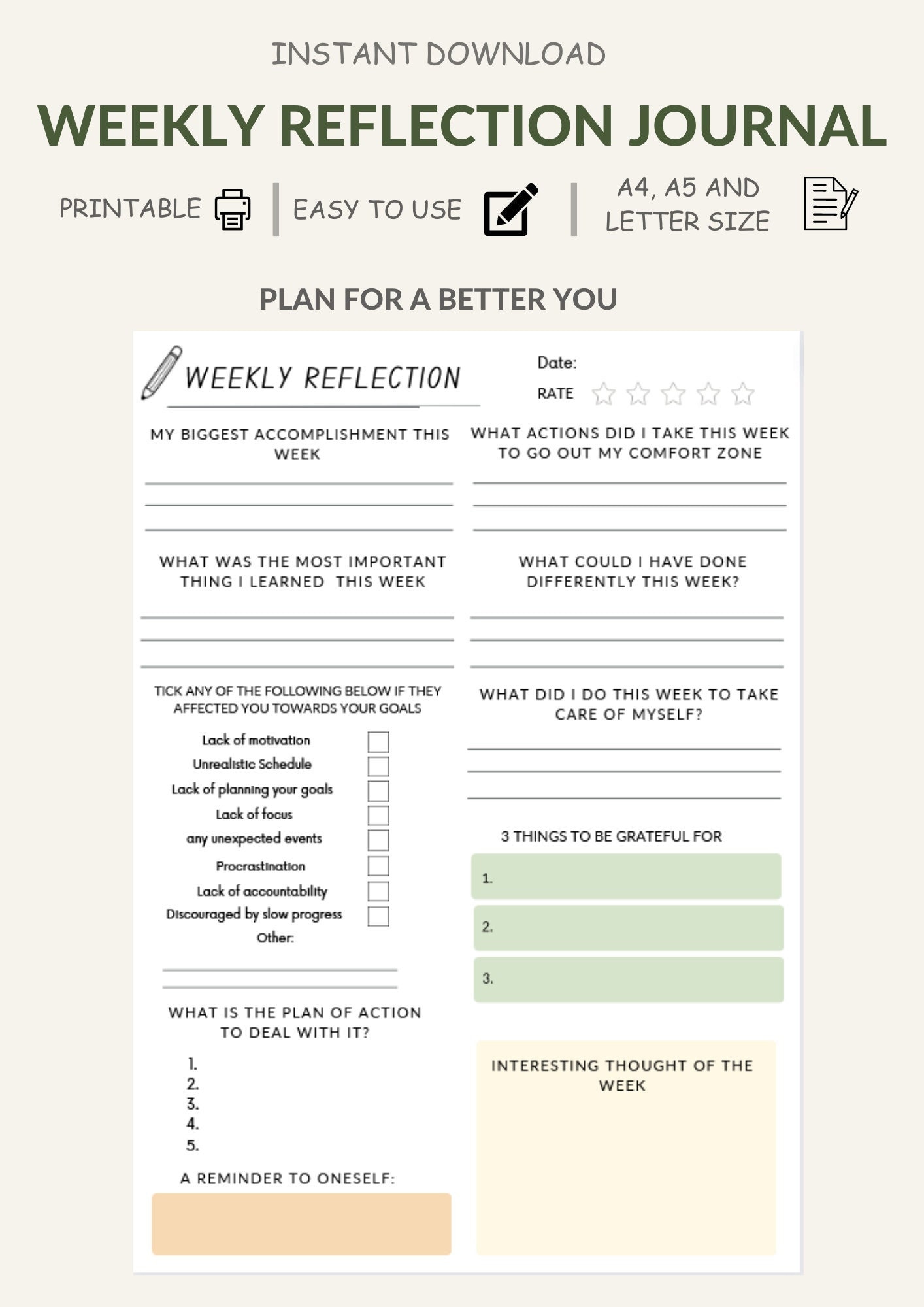 Weekly Reflections Review , Weekly Reflection Journal, Weekly ...