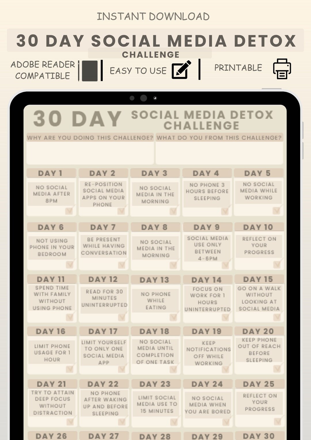 30 Day Social Media Detox Challenge | Social Media Printable | Digital ...