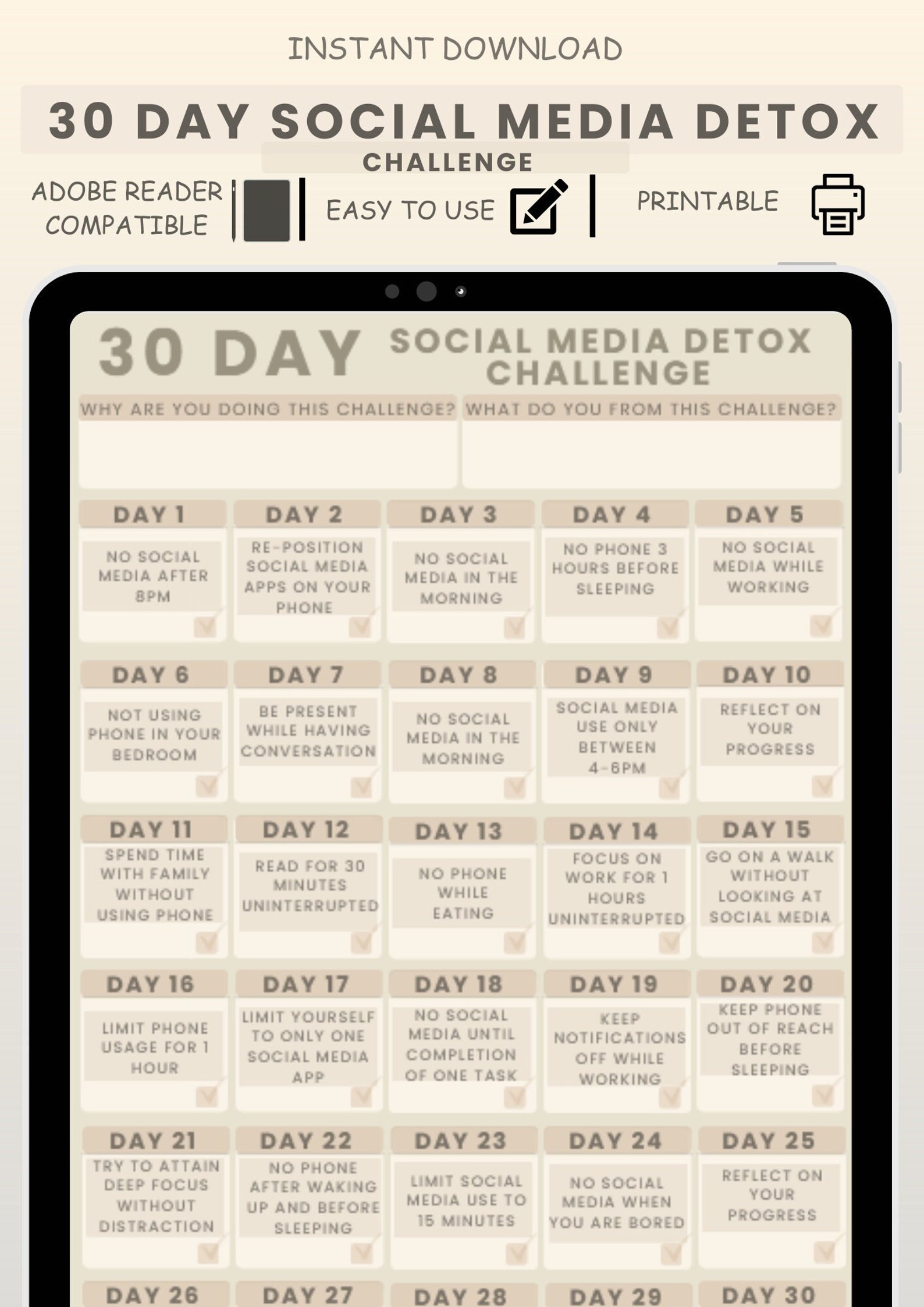 30 Day Social Media Detox Challenge | Social Media Printable | Digital ...