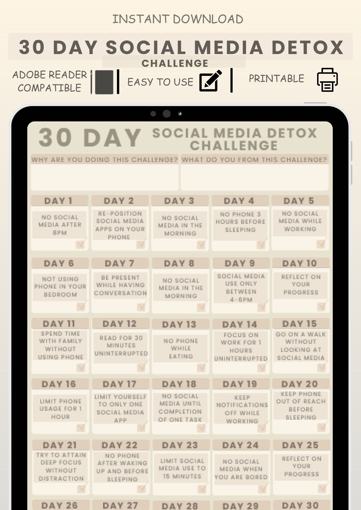 30 Day Social Media Detox Challenge | Social Media Printable | Digital ...