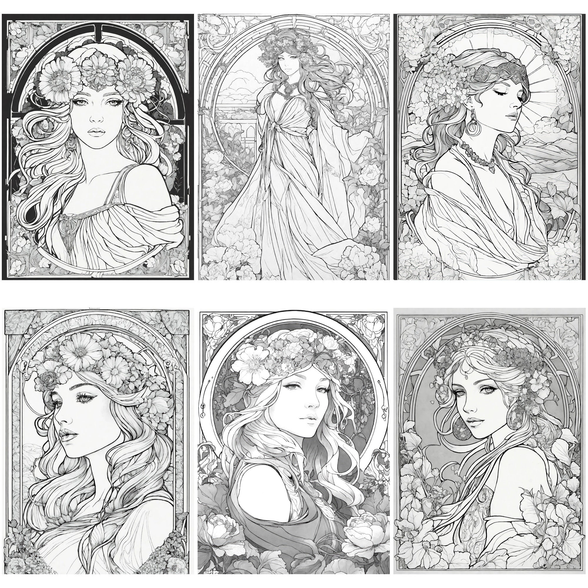 Beautiful Women Alphonse Mucha Coloring Pages 50 Images Adult Coloring ...