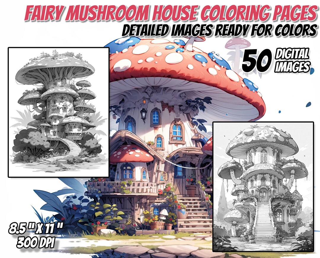 Fantasy Fairy Mushroom Homes Coloring Pages, Adult Coloring Pages, Kids ...