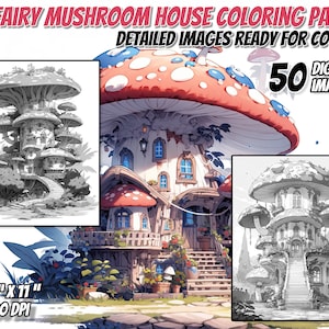 Fantasy Fairy Mushroom Homes Coloring Pages, Adult Coloring Pages, Kids ...