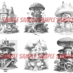Fantasy Fairy Mushroom Homes Coloring Pages, Adult Coloring Pages, Kids ...
