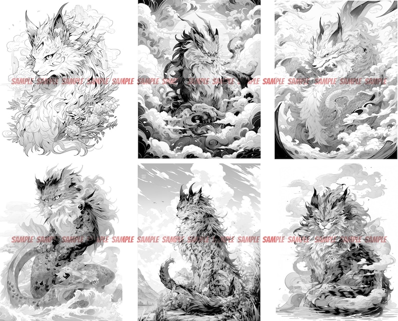 Maine Coon Dragon Cat Coloring Pages (japanese Ukiyo-e, Printable) - Etsy