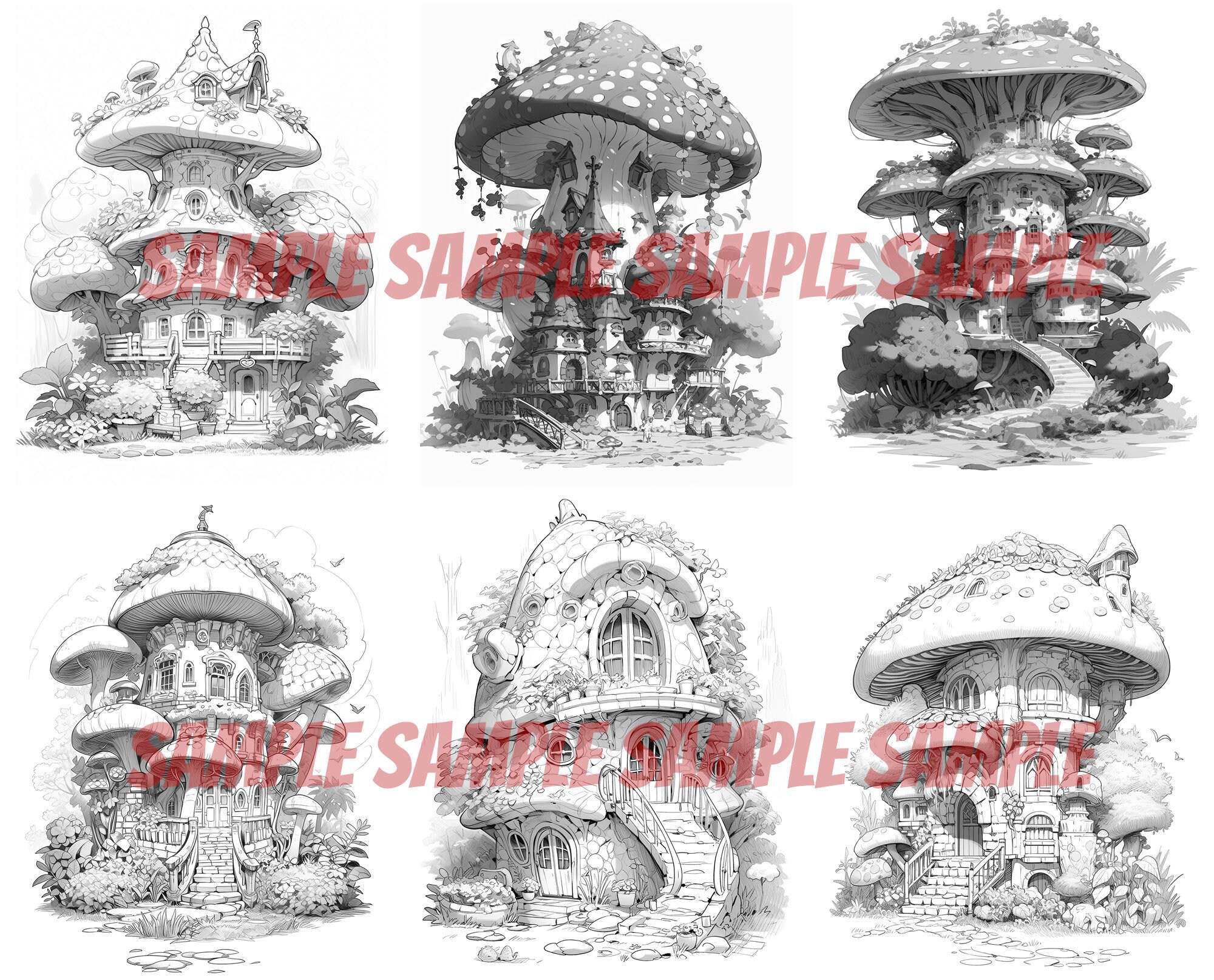 Fantasy Fairy Mushroom Homes Coloring Pages, Adult Coloring Pages, Kids ...