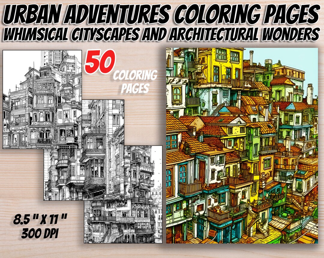50 Urban Adventure Coloring Pages - Etsy