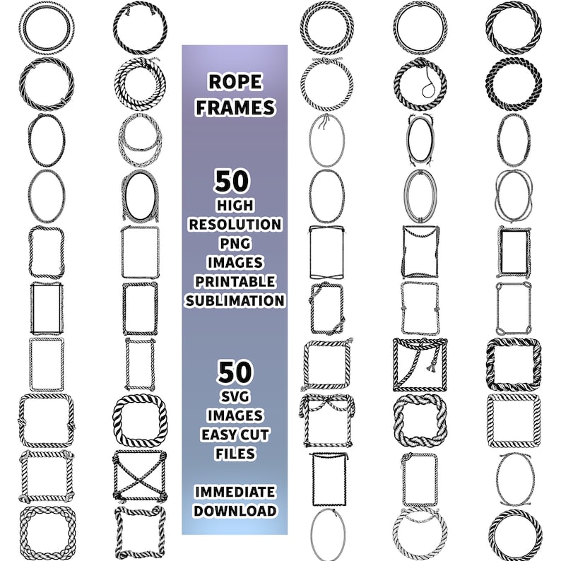 50 Rope Frame Border Clipart: Circle, Oval, Square (PNG, SVG Digital ...