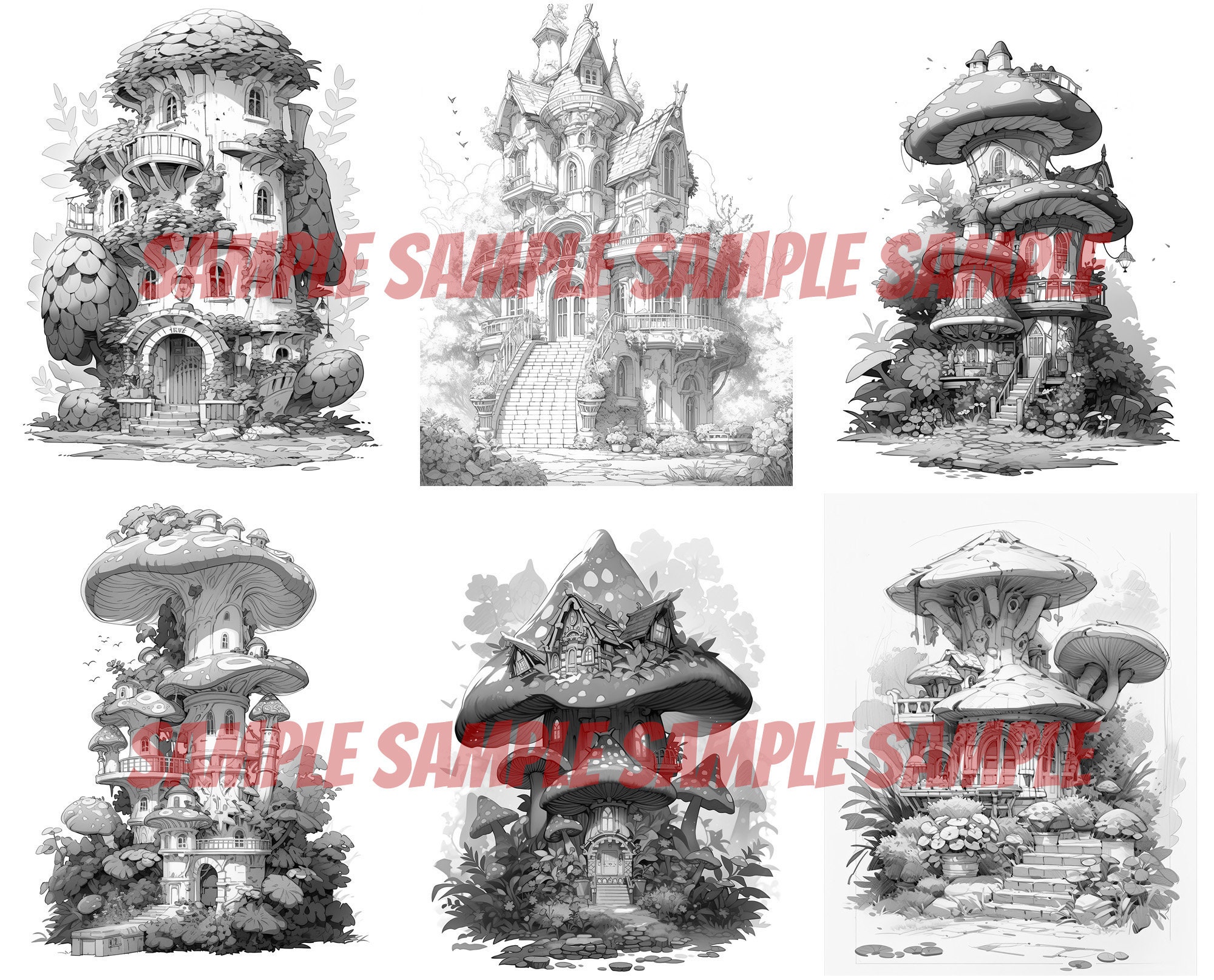 Fantasy Fairy Mushroom Homes Coloring Pages, Adult Coloring Pages, Kids ...